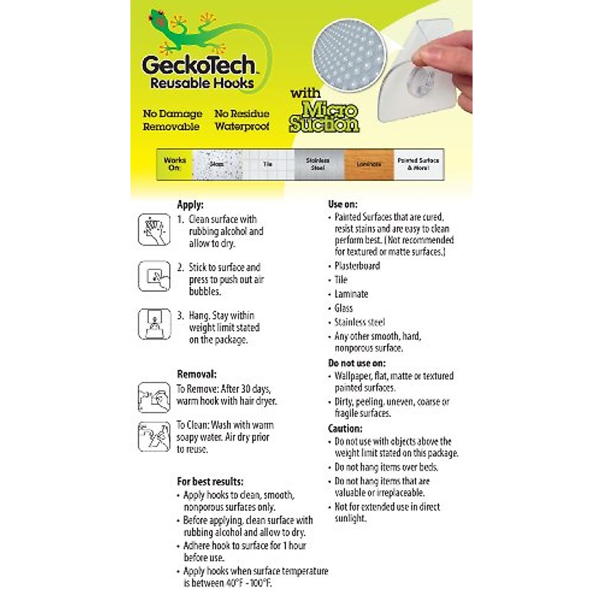 GeckoTech 282313 Removable, Reusable Hooks with Microsuction Technology, 3-Pound, 2-Pack
