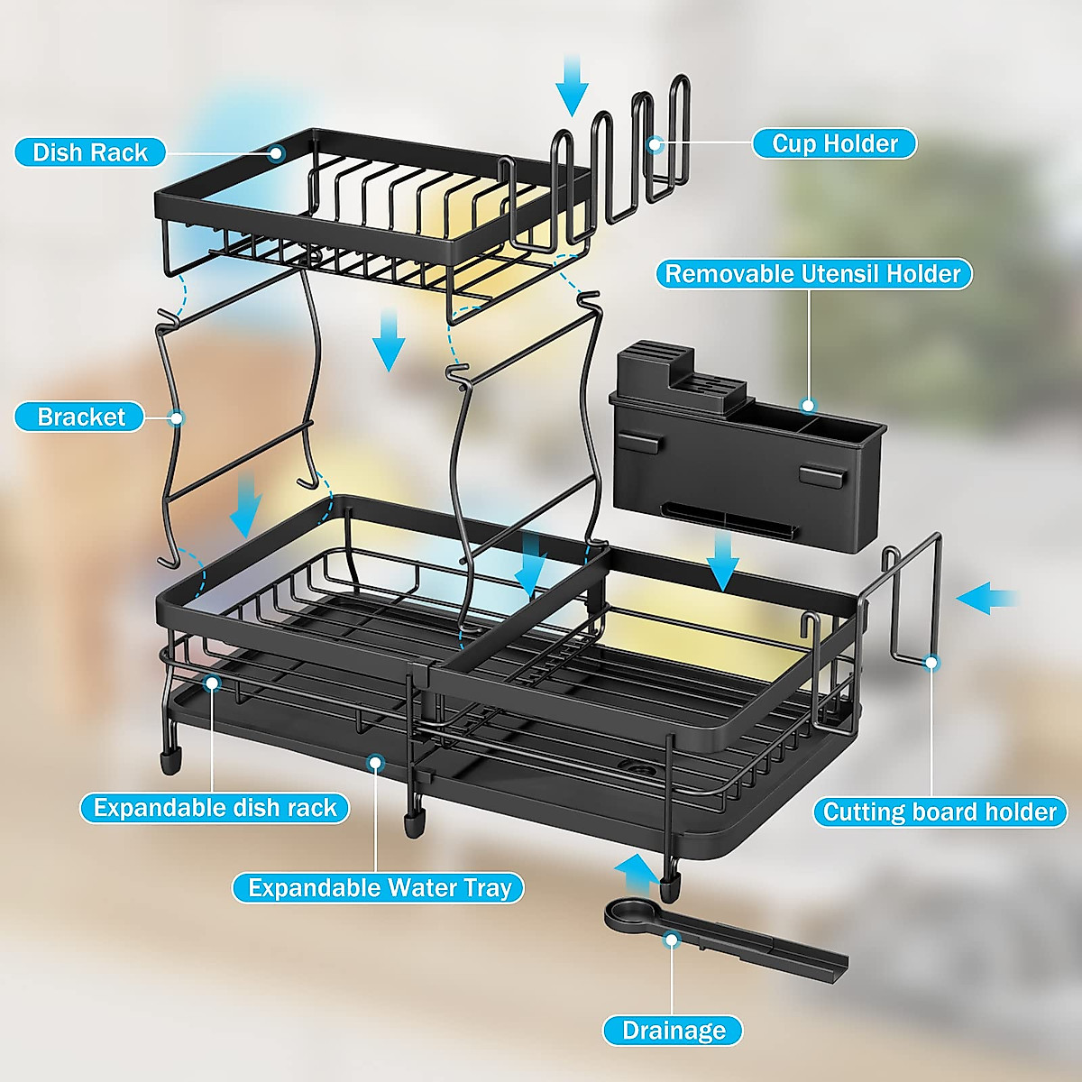 SNSLXH Large Dish Drying Rack Drainboard Set, Expandable 2 Tier Dish Racks for Kitchen Counter, Dish Rack with Drainage, Utensils Holder, Cup Holder-Black