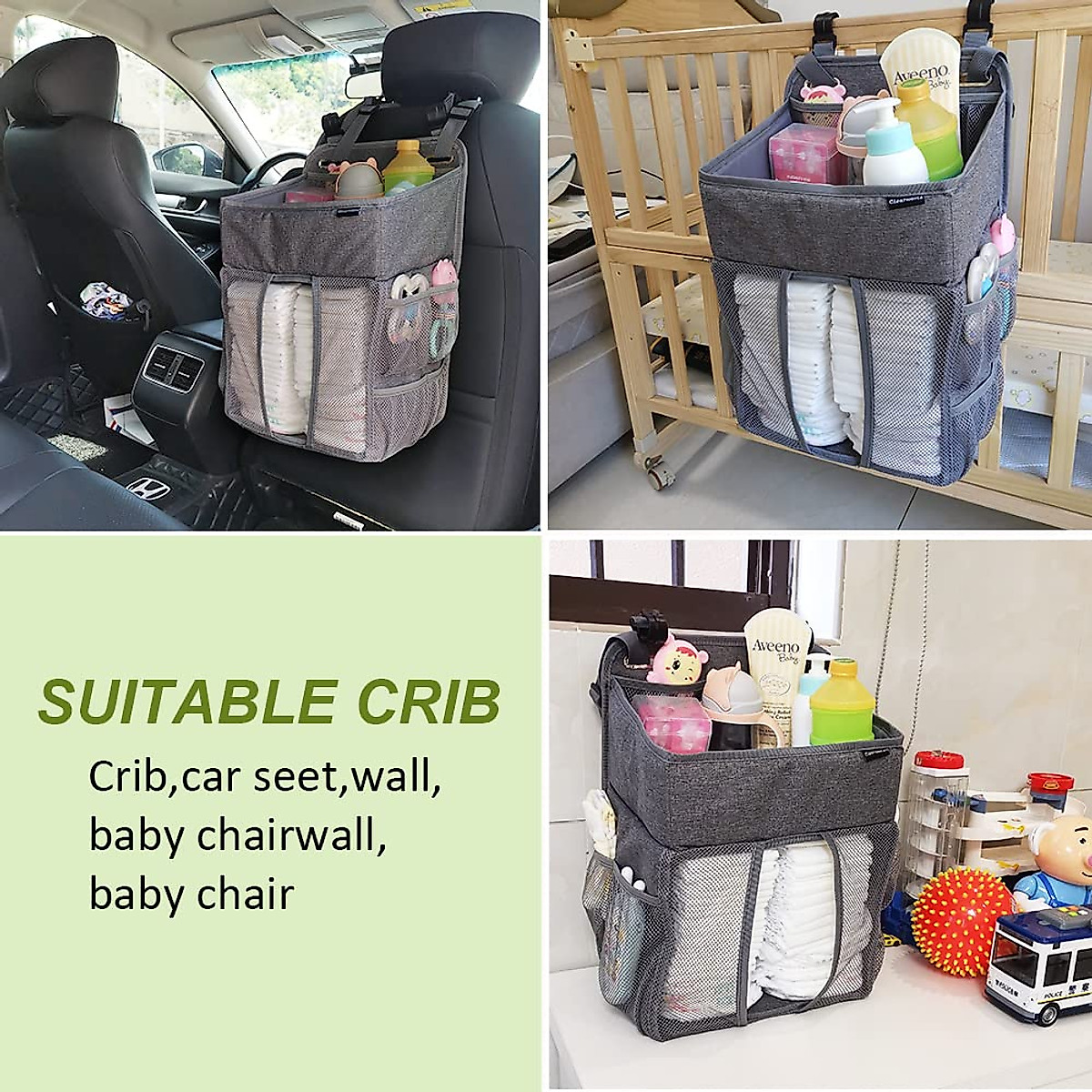 Clearworld Hanging Diaper Caddy Organizer,Diaper Stacker and Crib Organizer,Upgrade Thicken Nursery Organizer for Changing Table, Crib, Wall & Bassinet, Baby Essentials Storage (Gray)