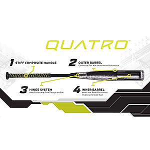 Rawlings Quatro 10 USSSA Series Bat, Yellow/Black, 30"/20 oz