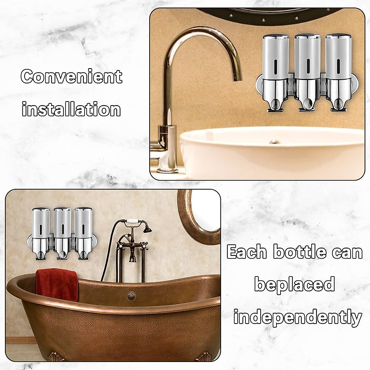 prosfalt 3 in 1 Chamber Wall Mounted Bathroom Shower Pump Dispenser and Organizer-Holds Shampoo, Soap, Conditioner, Shower Gel, for Bathroom Kitchen Hotel (Silver)