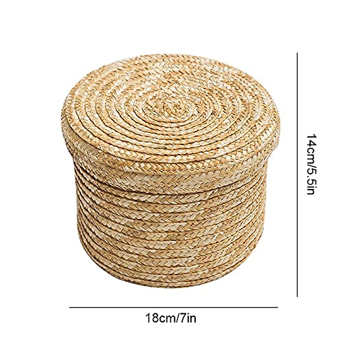 Zhuxin Woven Straw Storage Baskets with Lid, Rattan Snack Container Multipurpose Bins Laundry Toys Organizer Household, Round Medium Size, Diameter 18cm, Height 14cm