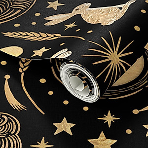 Peel & Stick Wallpaper 6ft x 2ft - Moon Hares Golden Black Stars Clouds Gold Night Custom Removable Wallpaper by Spoonflower