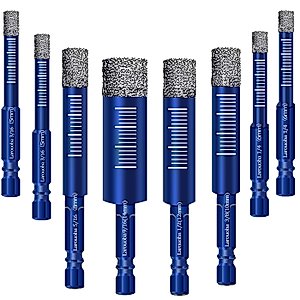 Larouoba 8 pc Diamond Drill Bit, Masonry Drill Bits Set for Porcelain Tile Ceramic Stone Granite Marble Hex Shank Diamond Hole Saw Drill Bit with Size 3/16” to 9/16” (Blue)
