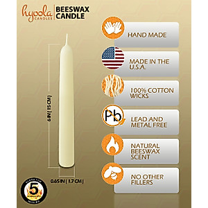 Hyoola 5" Beeswax Taper Candles 12 Pack - Handmade, All Natural, 100% Pure Unscented Bee Wax Candle - Tall, Decorative, White 5 Hour Burn Time