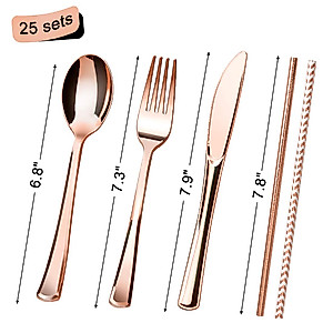 HOMIX Black and Rose Gold Party Supplies - Rose Gold Dot on Black Paper Plates Napkins Straws and Cups Silverwares Serves 25 for Wedding Bridal Shower Birthday Bachelorette Party Decorations