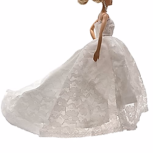 Peregrine White Floral Chapel Train Soft Tulle Wedding Dress with Lace for 11.5 inches Dolls