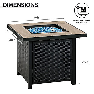 BALI OUTDOORS Propane Gas Fire Pit Table, 30 inch 50,000 BTU Square Gas Firepits with Fire Glass for Outside