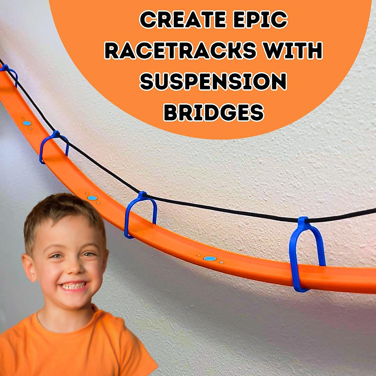 Suspension Bridge Kit Compatible with Hot Wheels Racetracks | 10 Bridge Supports, Rope, and Wall Connectors Included | Made in USA (Blue 1-Lane Kit)