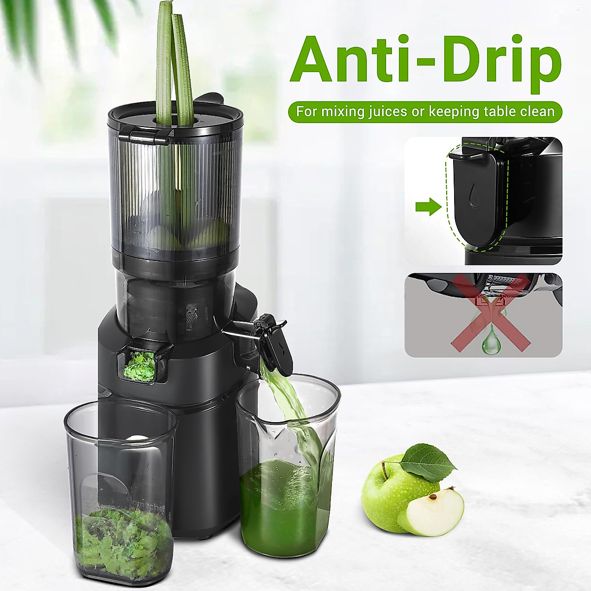 Juicer Machines, AMZCHEF 5.3-Inch Self-Feeding Masticating Juicer Fit Whole Fruits & Vegetables, Cold Press Electric Juicer Machines with High Juice Yield, Easy Cleaning, BPA Free, 250W