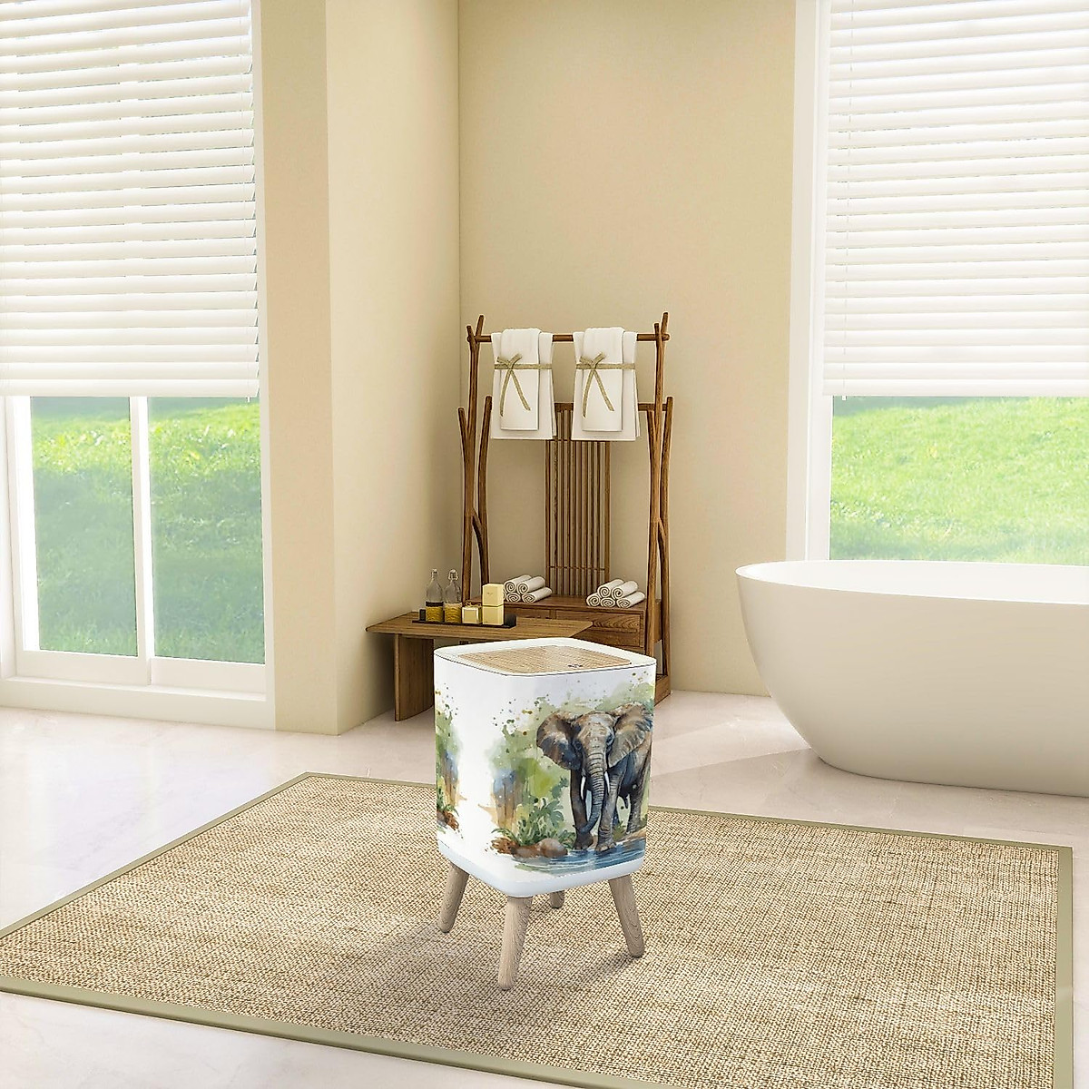 PHAIBHKERP Trash Can with Lid Elephant Jungle Animals Garbage Can Rectangular Waste Bin Press Cover Dog Proof Wastebasket for Kitchen Bathroom Living Room Nursery, ljt-fang