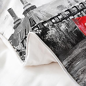 Big Ben Cotton Duvet Cover Set Queen Kids women Men London Romantic Couple Bedding Set Soft Breathable 100% Cotton Comforter Cover Set Grey Red Double Decker Bus Duvet Cover Bed Set Chic Bedroom Decor