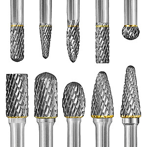 Tungsten Carbide Burr Set 1/4" Shank 10PC Double Cut Rotary Cutting Burrs Die Grinder Bits for Steel and Wood Working, Grinding, Carving, and Engraving