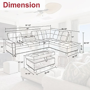 LOPOO Modern Red L-Shaped Sectional Couch, Button Tufted Upholstered Modular Faux Leather Large Sofas with Chaise Lounge, Living Room Furniture Sets w/Foldable Console and Cup Holders (Red)