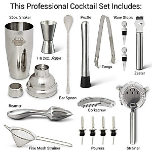 G2S Professional Bartender Kit and Cocktail Shaker Set with Stand - 17 Piece Stainless Steel Home Bar Accessories with Modern Bamboo Stand for Mixology Bartending and Drink Mixing (White)