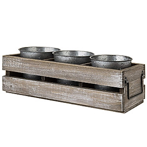 MyGift Rustic Brown Wood Utensil Holder with Handle and 3 Galvanized Metal Buckets, Kitchen Countertop Flatware Caddy