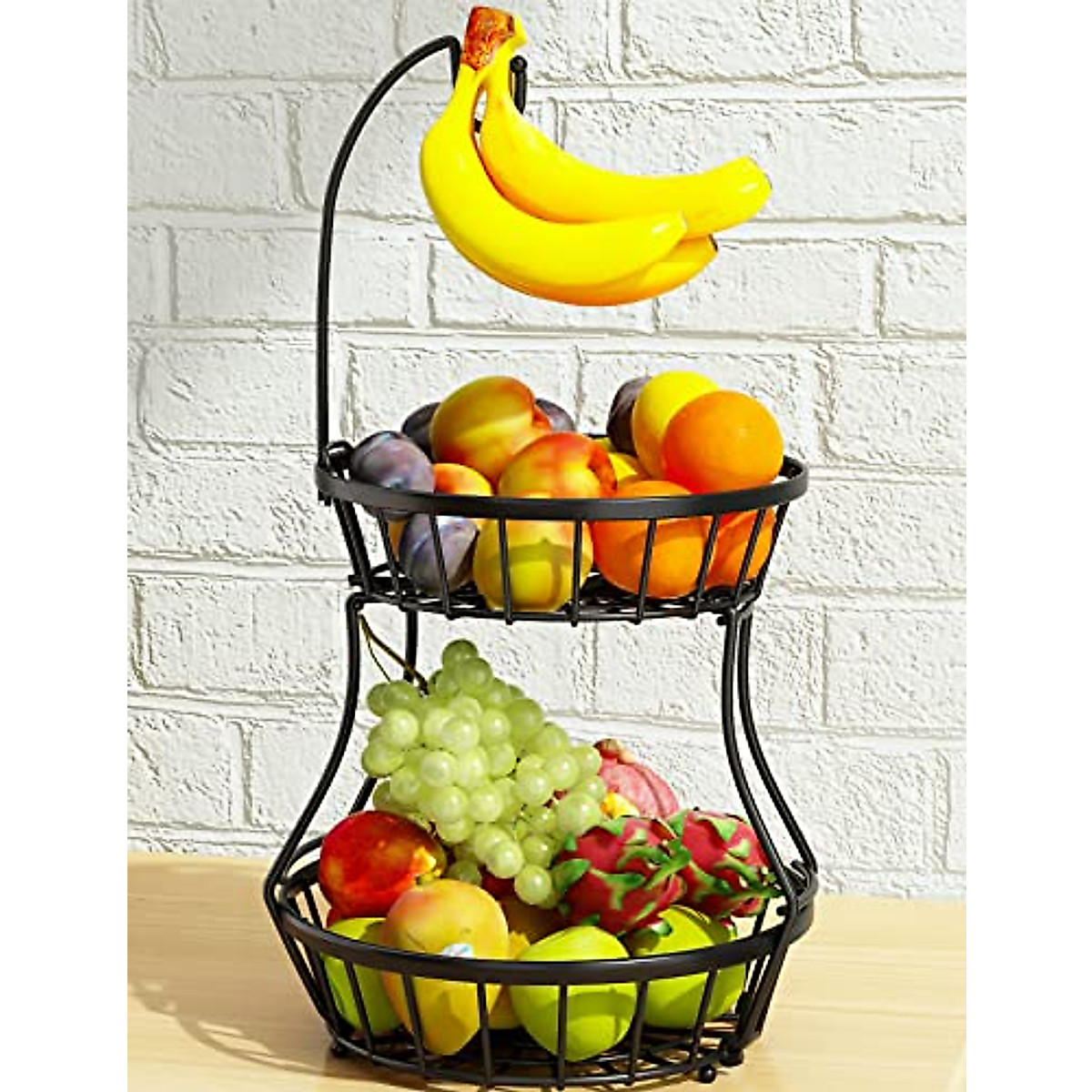 2-Tier Fruit Basket Bowl Stackable Vegetable Storage with Banana Tree Hanger Stand for Kitchen Countertop, Metal Wire Basket for Bread Onions Potatoes Black