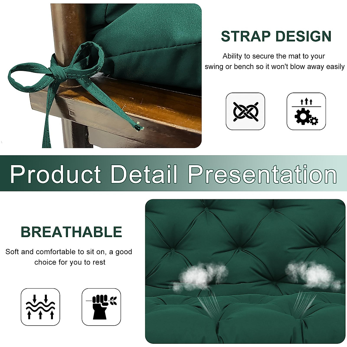 Porch Swing Cushions Outdoor 60 inch Waterproof Swing Cushions Replacement with Backrest and Ties Bench Swing Cushion for Outdoor Furniture Patio Backyard Garden(Red White Stripes-60x40x5inch)