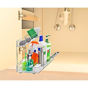 Elsjoy Under Sink Pull Out Sliding Shelf, 2 Tier Cabinet Storage Organizer Slide Out Drawer Basket with EVA Liner Pads for Kitchen, Bathroom, Request at Least 13.5" Cabinet Opening