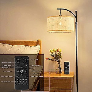 QIYIZM Floor Lamp with Remote Arc Boho Rattan Standing Lamp,Farmhouse Dimmable Industrial Black Wicker Floor Light Rustic Adjustable Tall Lamp,Bamboo Lamp Shade Floor Lamps for Living Room Bedroom