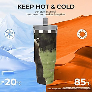 Hi Bear Sit on The Lawn 30oz Stainless Steel Insulated Tumbler with Straw & Foldable Handle - Leakproof, Double-Wall Vacuum Travel Thermos for Hot/Cold Drinks, Non-Slip Base, Fit Cup Holders