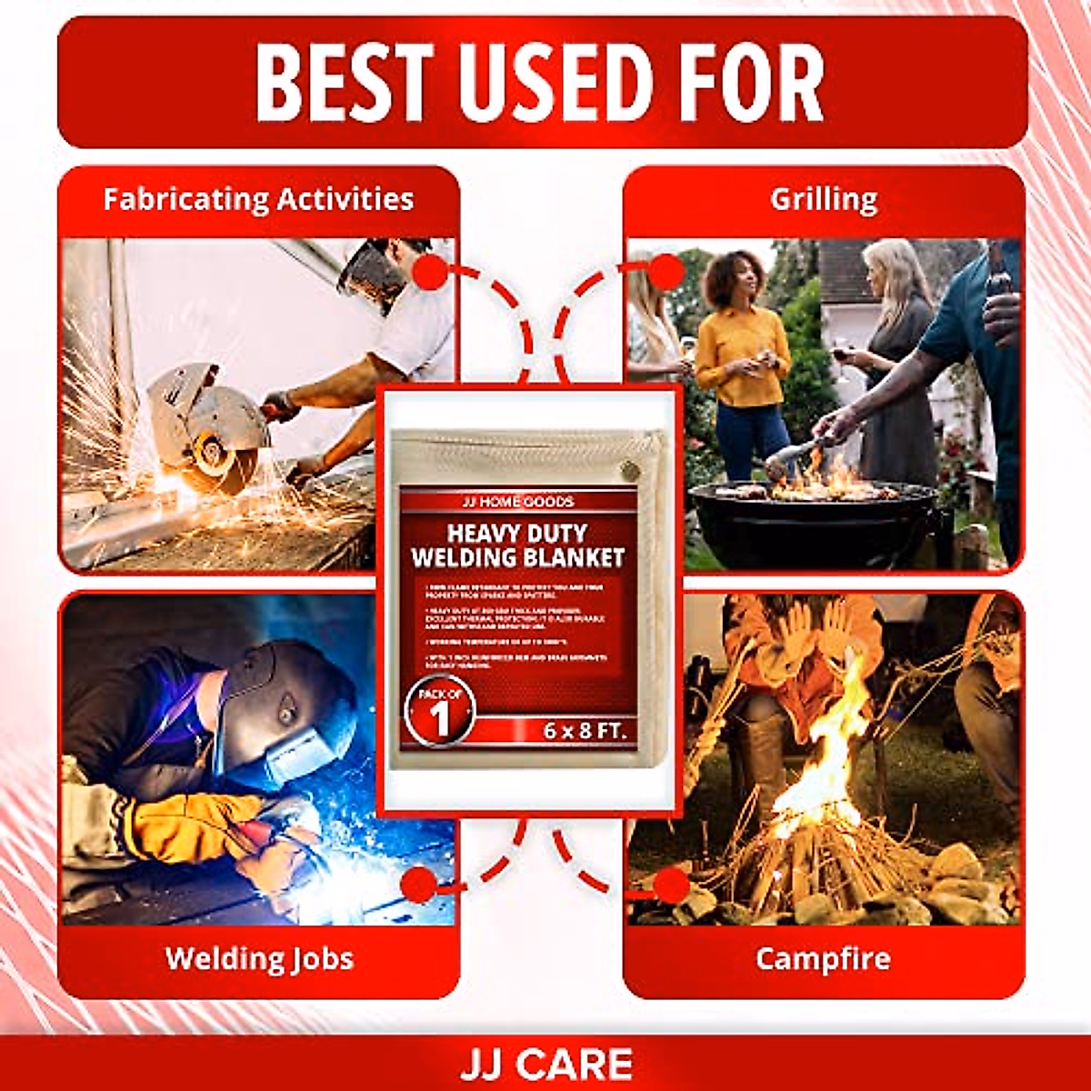 JJ CARE Welding Blanket - 1 Pack 6ft x 8ft Welding Mat - 850GSM Fiberglass Welding Blanket with Brass Grommets, Welders Blanket for Grill, Smoker Welding Blanket Heavy Duty, Welding Tarp & Shield