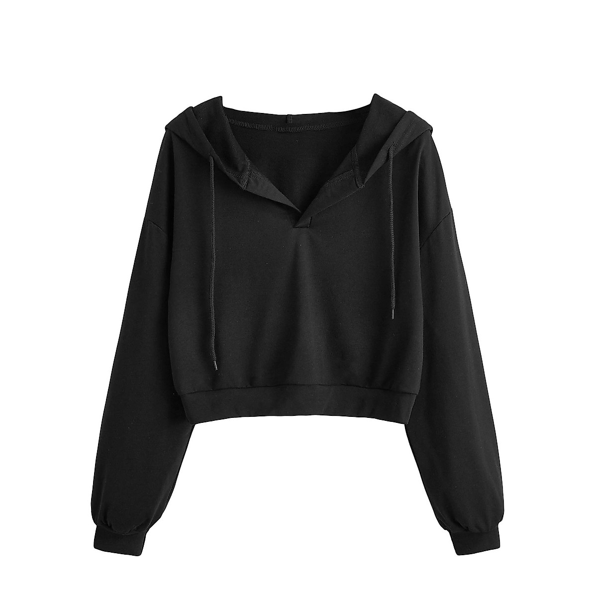 Verdusa Women's Long Sleeve Drop Shoulder Drawstring Crop Hoodie Sweatshirt Black M