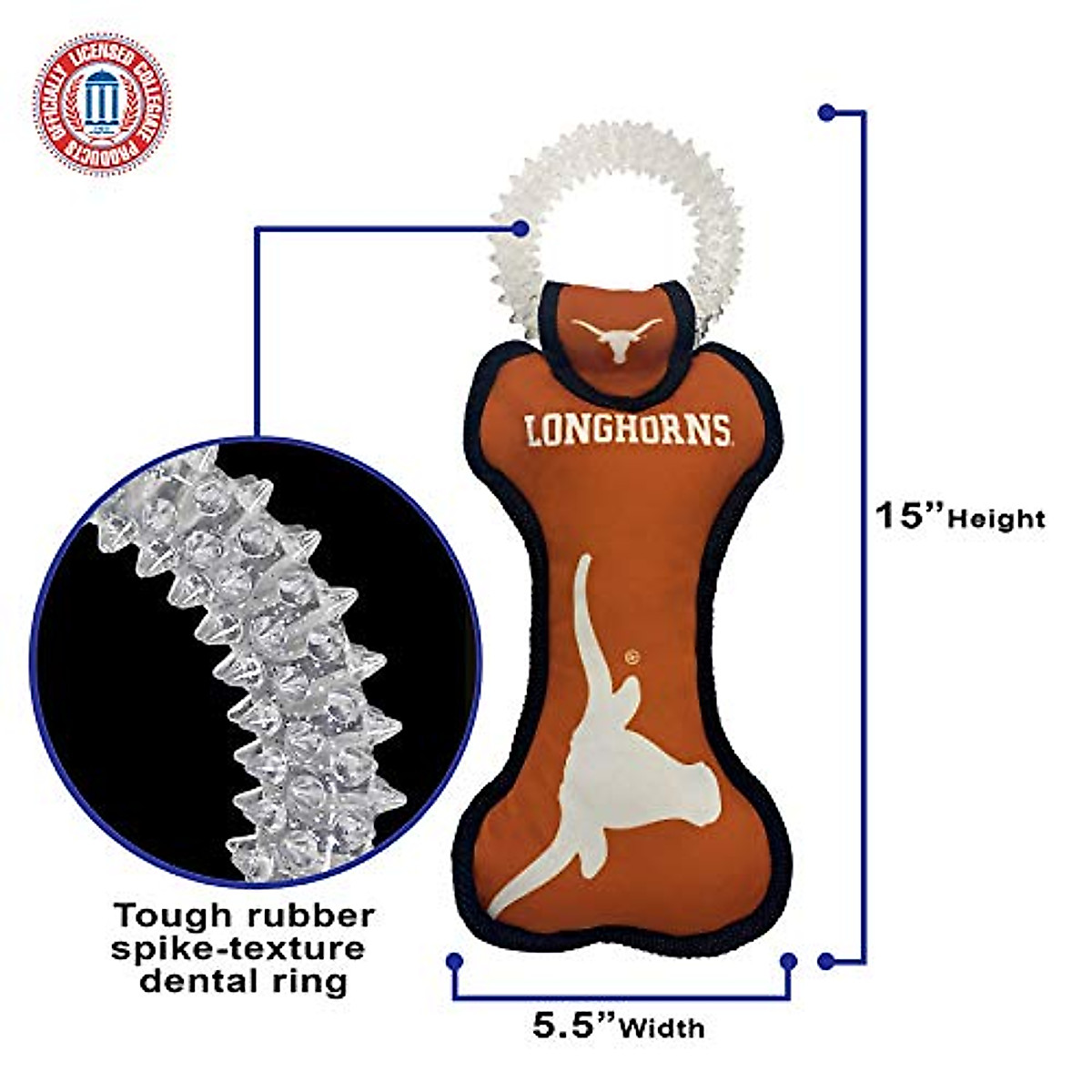 Pets First NCAA Texas Longhorns College Dental Tough Dog TUG Bone Toy with Built-in Squeaker Attached to a Safe Rubber Teething Toothbrush PET Toy 14 x 5"