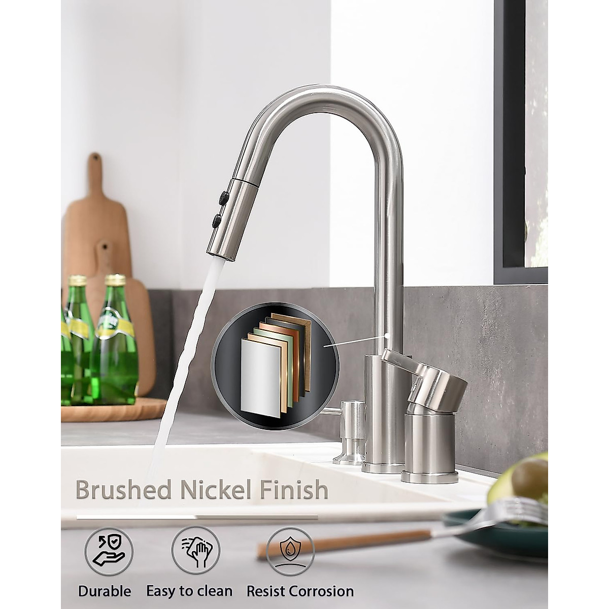 3 Hole Kitchen Faucet, Single Handle Stainless Steel Kitchen Faucets with Pull Down Sprayer, 2 Hole Widespread Kitchen Sink Faucet with Soap Dispenser, Brushed Nickel KMF025L
