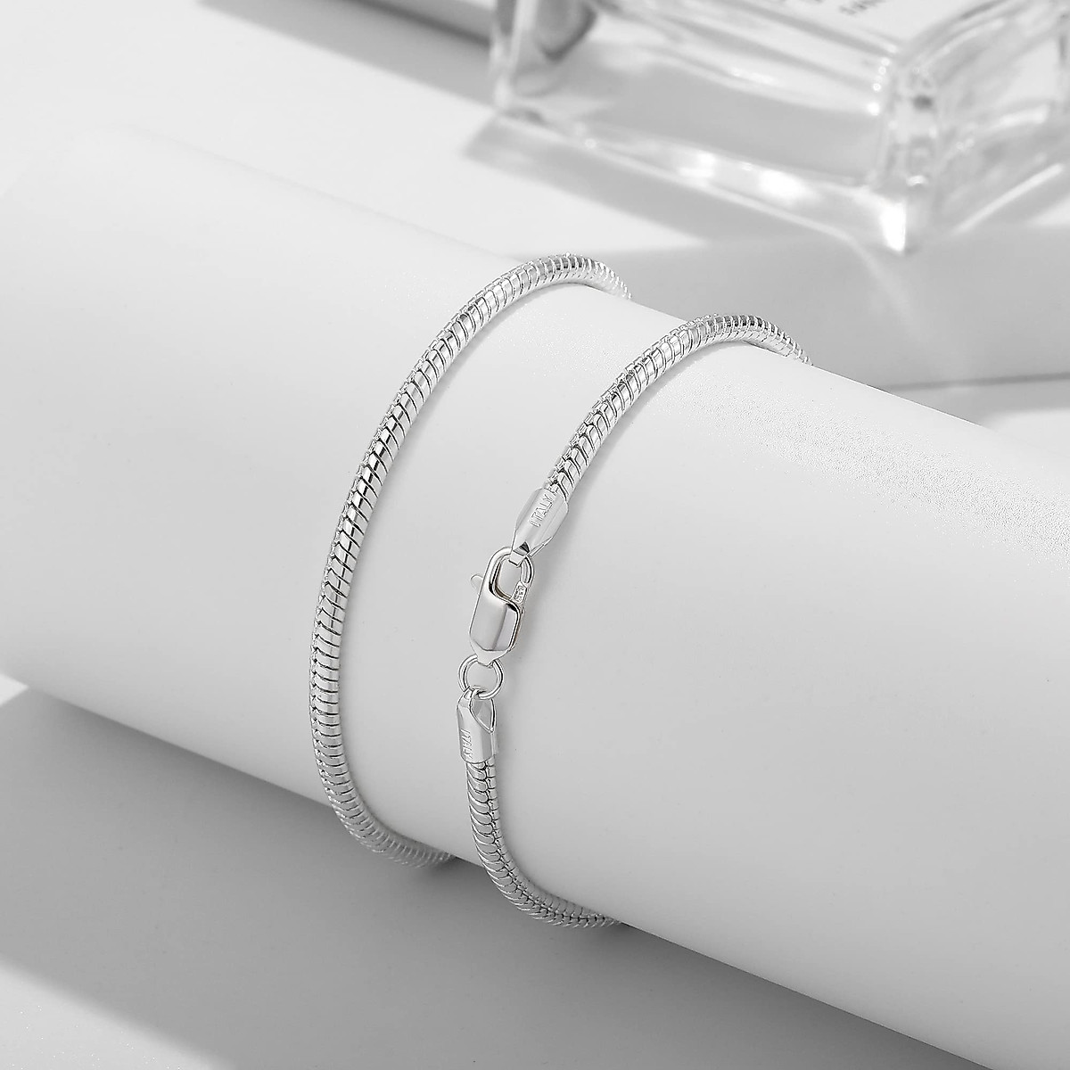 BRIJEWNES Silver Bracelets for Women 925 Sterling Silver Bracelets for Women 3mm Round Snake Chain Bracelet for Women Solid Silver Chain Bracelets for Women 7 Inches Silver Bracelet Jewelry for Women