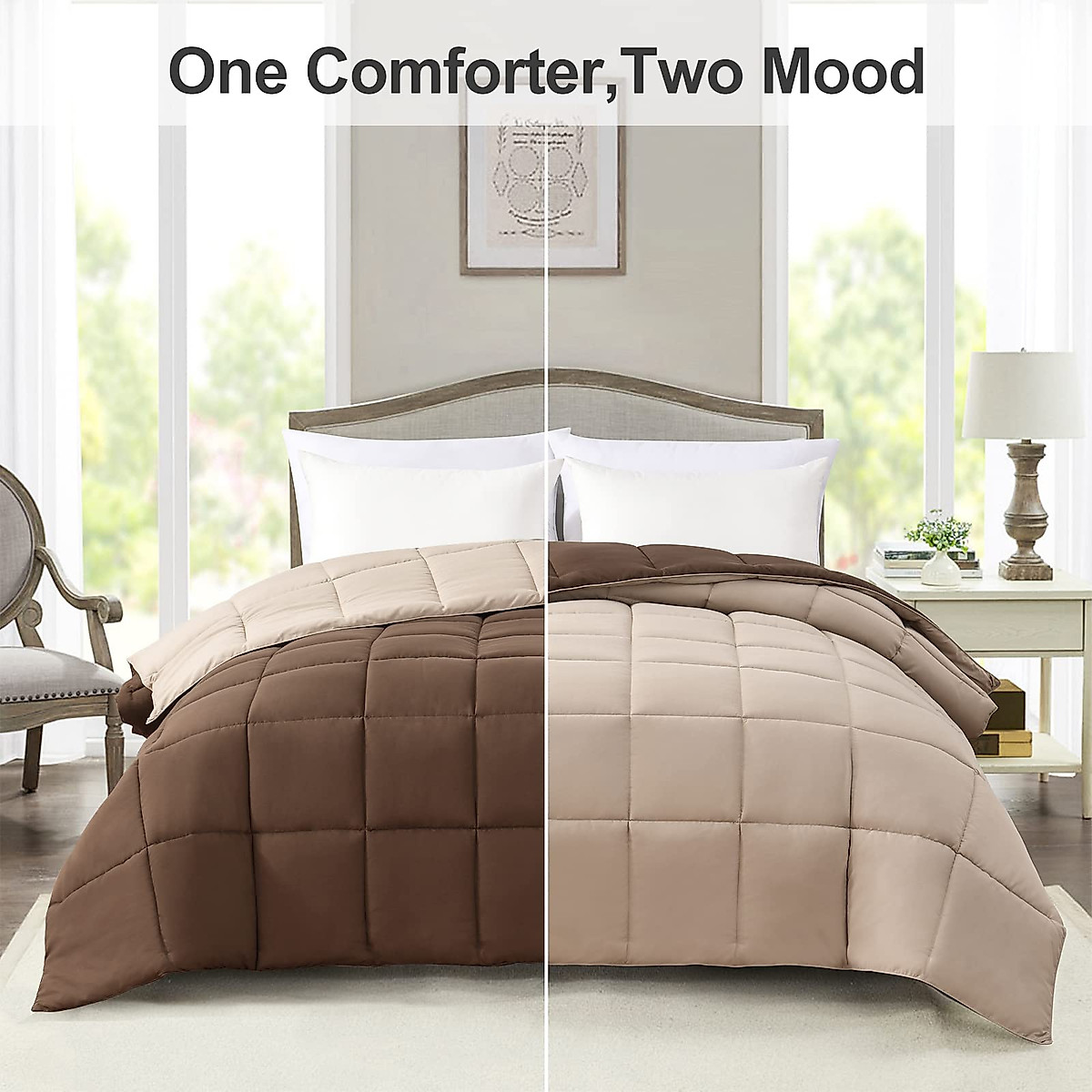 Homelike Moment Comforters Queen Size - Brown Duvet Insert Down Alternative Bed Queen Comforter, Lightweight Bedding Comforters Full Size Quilted Soft All Season Reversible Chocolate Brown/Beige
