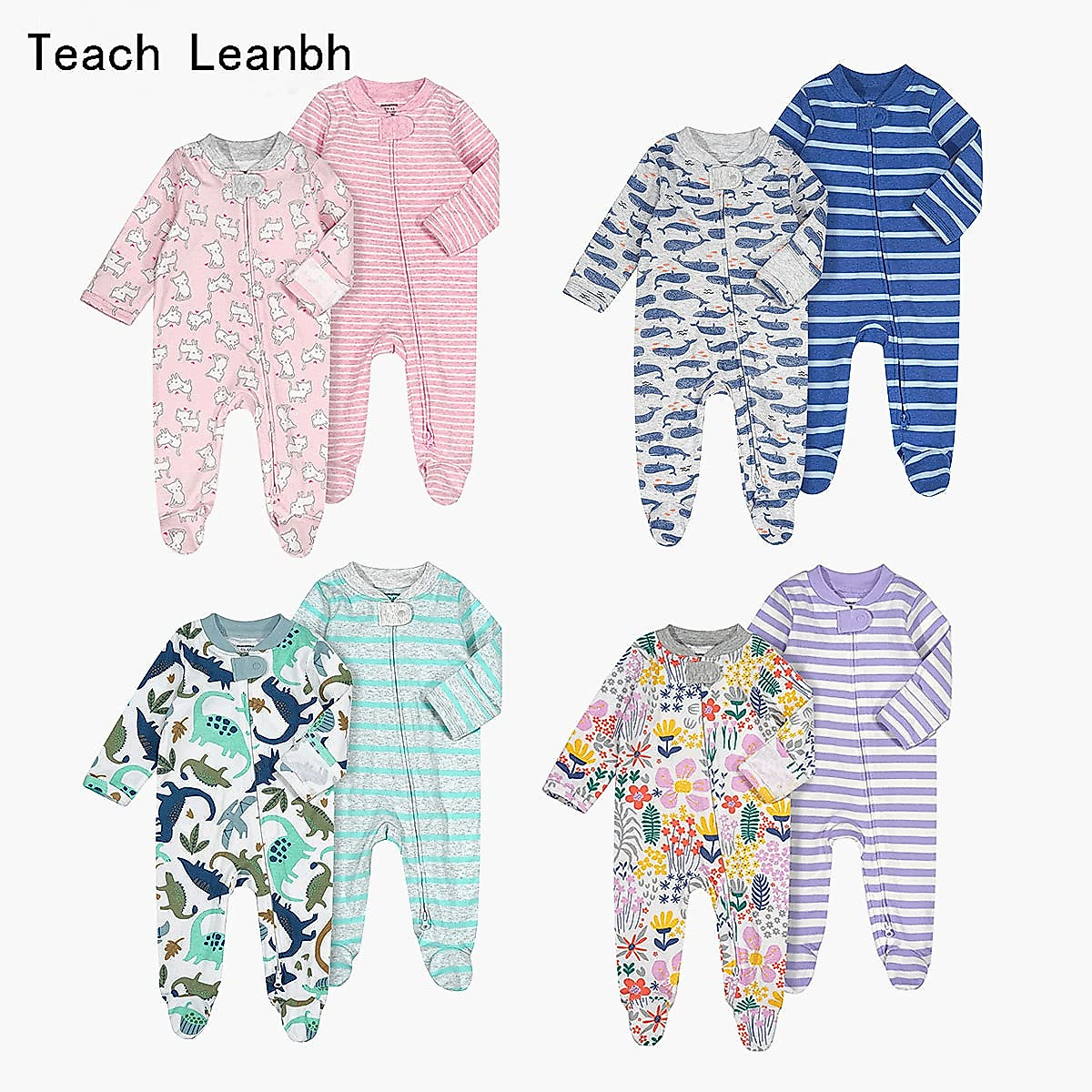 Teach Leanbh Baby Boys Girls Footed Pajamas with Mittens Cotton Long Sleeve 2 Way Zipper Romper Jumpsuit Sleep and Play 0-12 Months (Pink stripes/Cat, 0-3 Months)