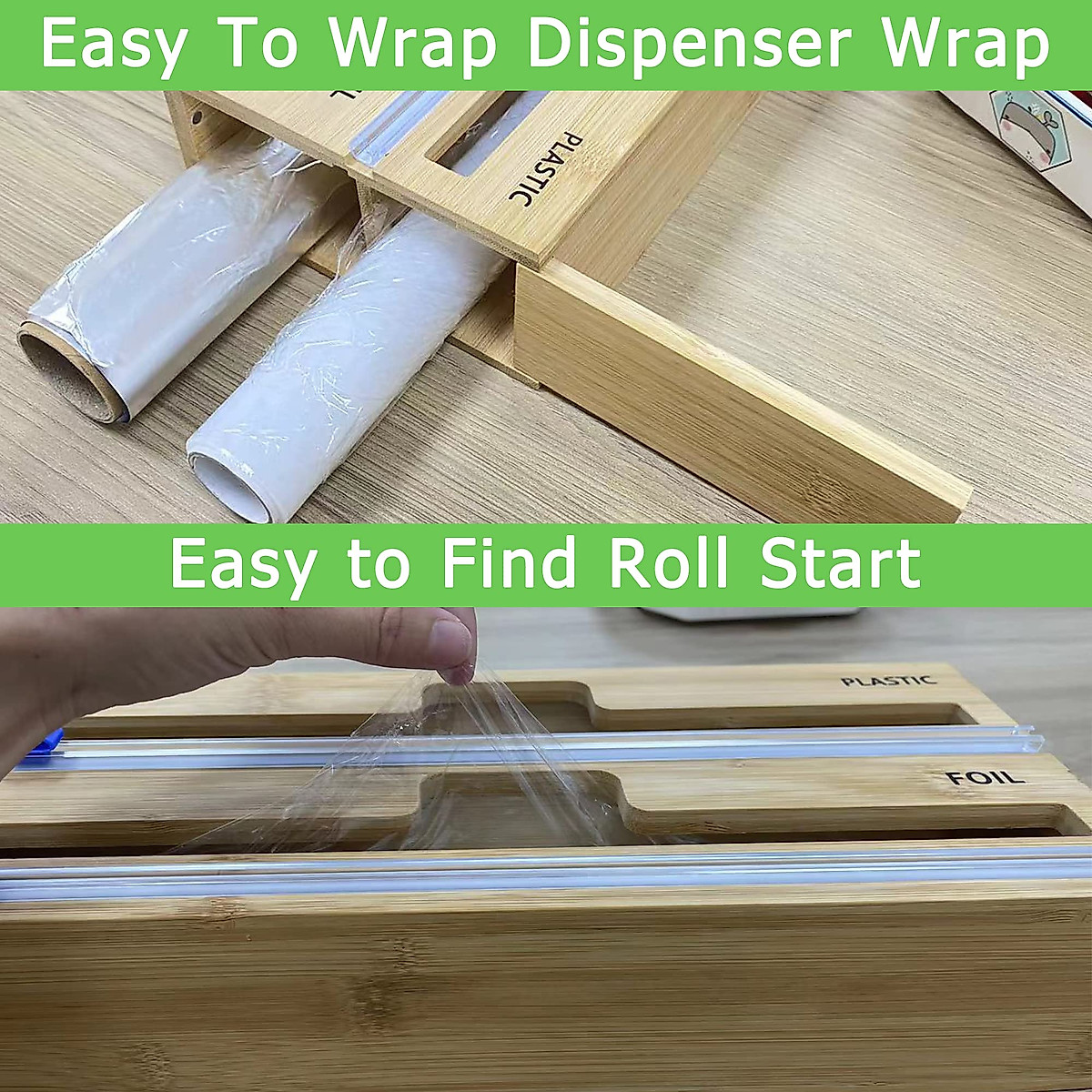 Aluminum Foil & Plastic Wrap Organizer for Kitchen Drawer|Wax Paper Wrap Dispenser with Cutter|Bamboo Roll Storage Organizer| Compatible with 12" Roll