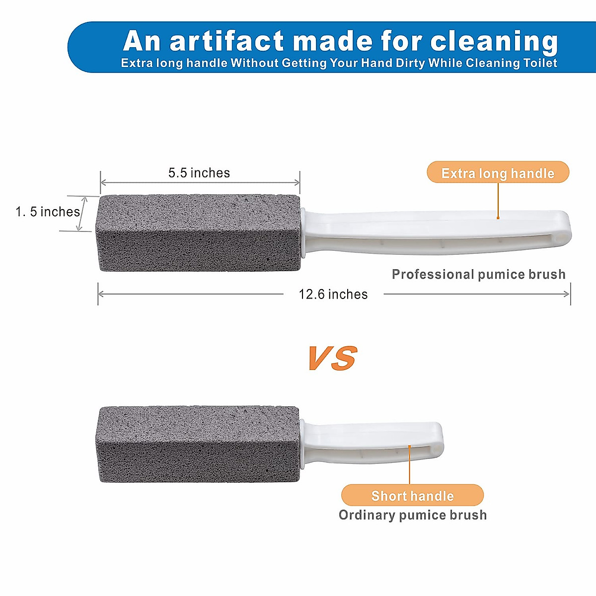 Pumice Stone Brush Toilet Bowl Cleaner with Extra Long Handle, 100% Natural Pumice Toilet Brush, Stain Remover Cleaning Brushes for Bath/Pool/Kitchen/BBQ Cleaning - 2 Pack with 2 Hooks