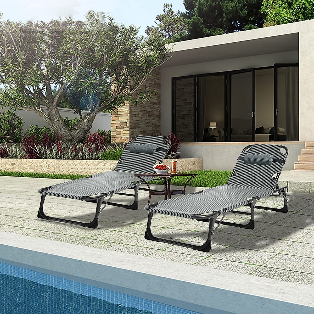 ABORON Heavy Duty Patio Chaise Lounge, 500LB Bearing 3IN1 Adjustable Lounge Chair 1200D Oxford Adults Sleeping Camp Chair, with Mattress (Chaise Lounges, Black Bed and Charcoal Gray Pad)