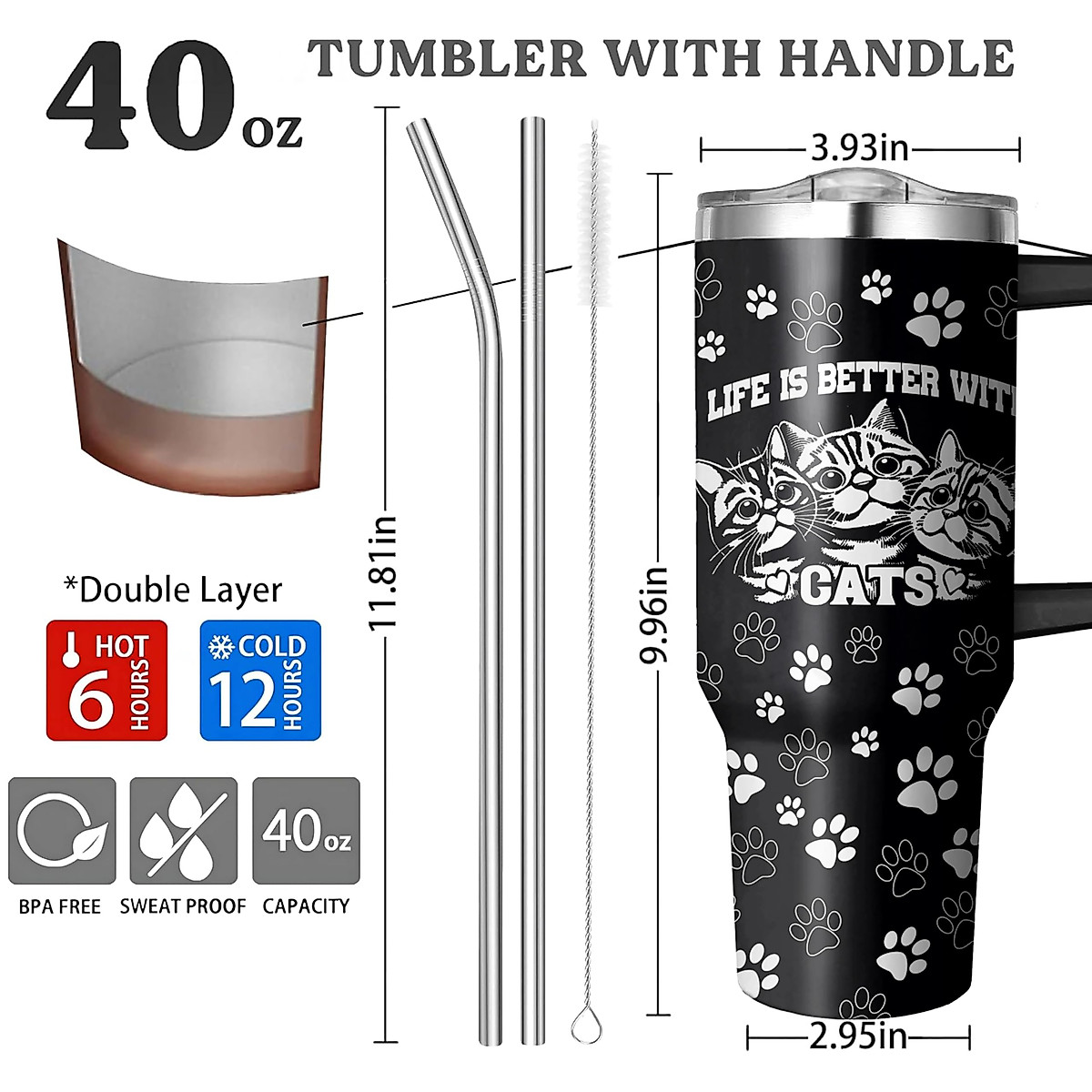 40 Oz Black Cat Tumbler With Handle and Straw, Double Wall Stainless Steel Insulated Mug for Cat Lovers, Mom or Dad - Cups Gifts for Women