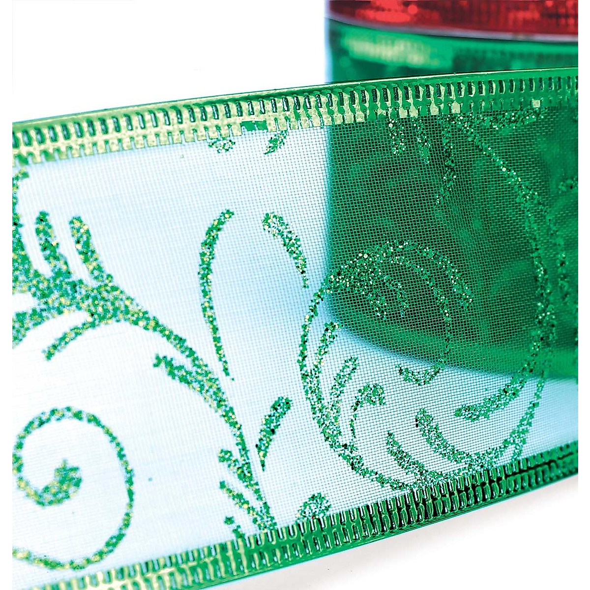 Christmas Ribbon for Gift Wrapping Green & Red Wired Ribbons Silver Sheer Wire Organza Set Present Wrap Around, Xmas Tree Decor Crafts Floral Arrangement Supplies & Decoration 50 Yards