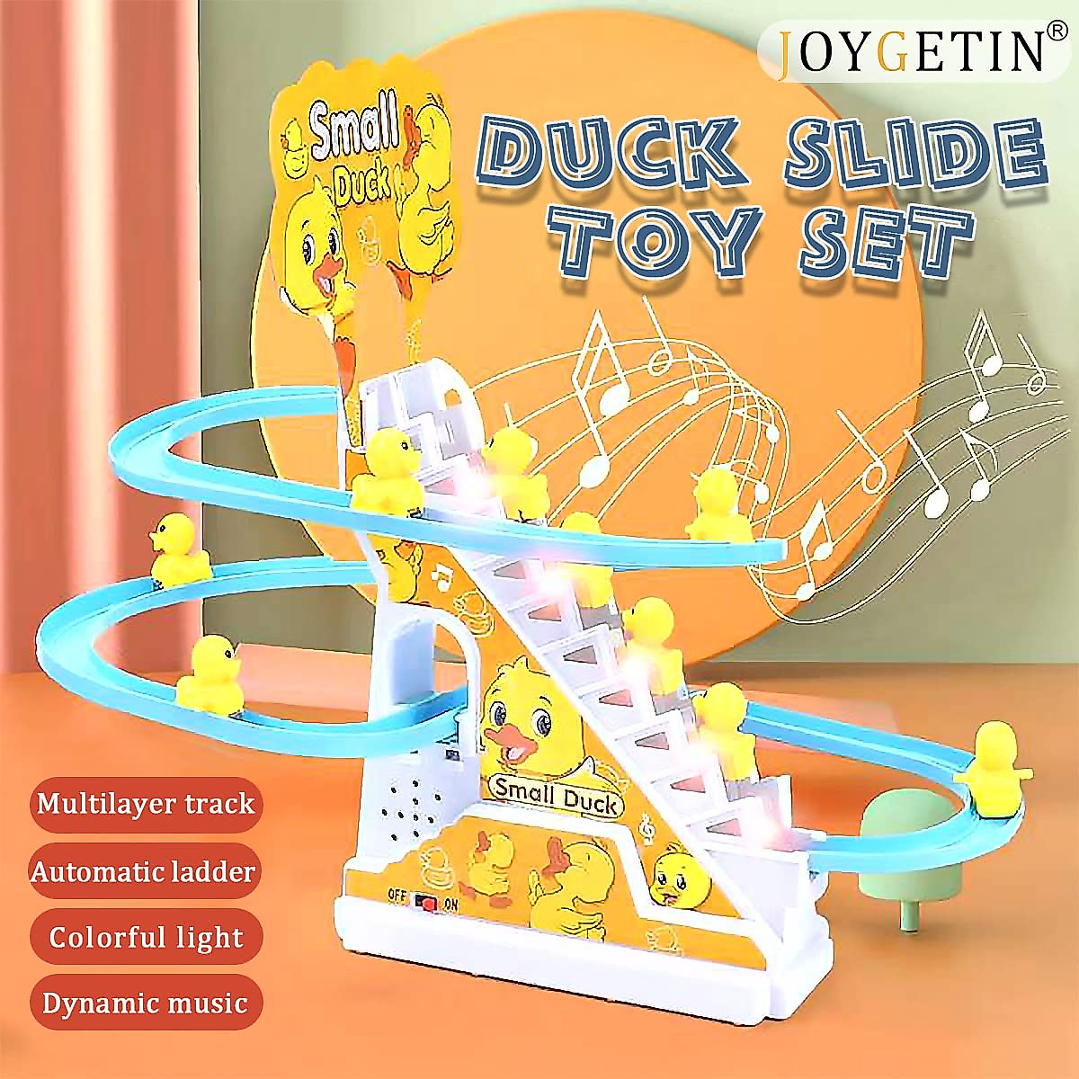 JOYGETIN Small Ducks Climbing Toys,Electric Duck Climbing Stairs Tracks Slide Toy Set,Duck Roller Coaster Toy with Flashing Lights & Music On/Off Button