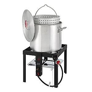 FEASTO 80QT Aluminum Boil Pot with Basket Perfect for Seafood Boiling and Steaming, Outdoor Propane Gas Cooker with Adjustable 0-10 PSI Regulator, Non-Assembly Frame Stand