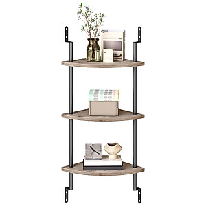 HOOBRO 3-Tier Corner Shelf Wall Mounted, Corner Floating Shelves, Corner Storage Rack, Plant Display Shelf, Corner Bookshelf for Wall in Living Room, Kitchen, Study, Greige and Black BG36BJ01