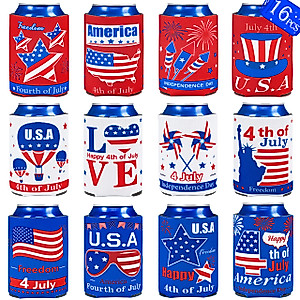 16PCS 4th/Fourth of July Decorations Can Cooler Sleeves for Independence Day Memorial Day Patriotic Party Supplies