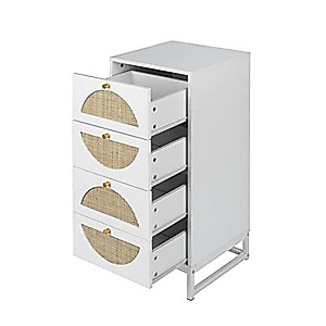 SSLine Wood&Rattan 4 Drawer Dresser 35" Tall Bedside Table Accent Storage Cabinet with Semi-Circle Wicker Drawers White Bedroom Nightstand Chest of Drawer w/Metal Frame for Living Room Entryway