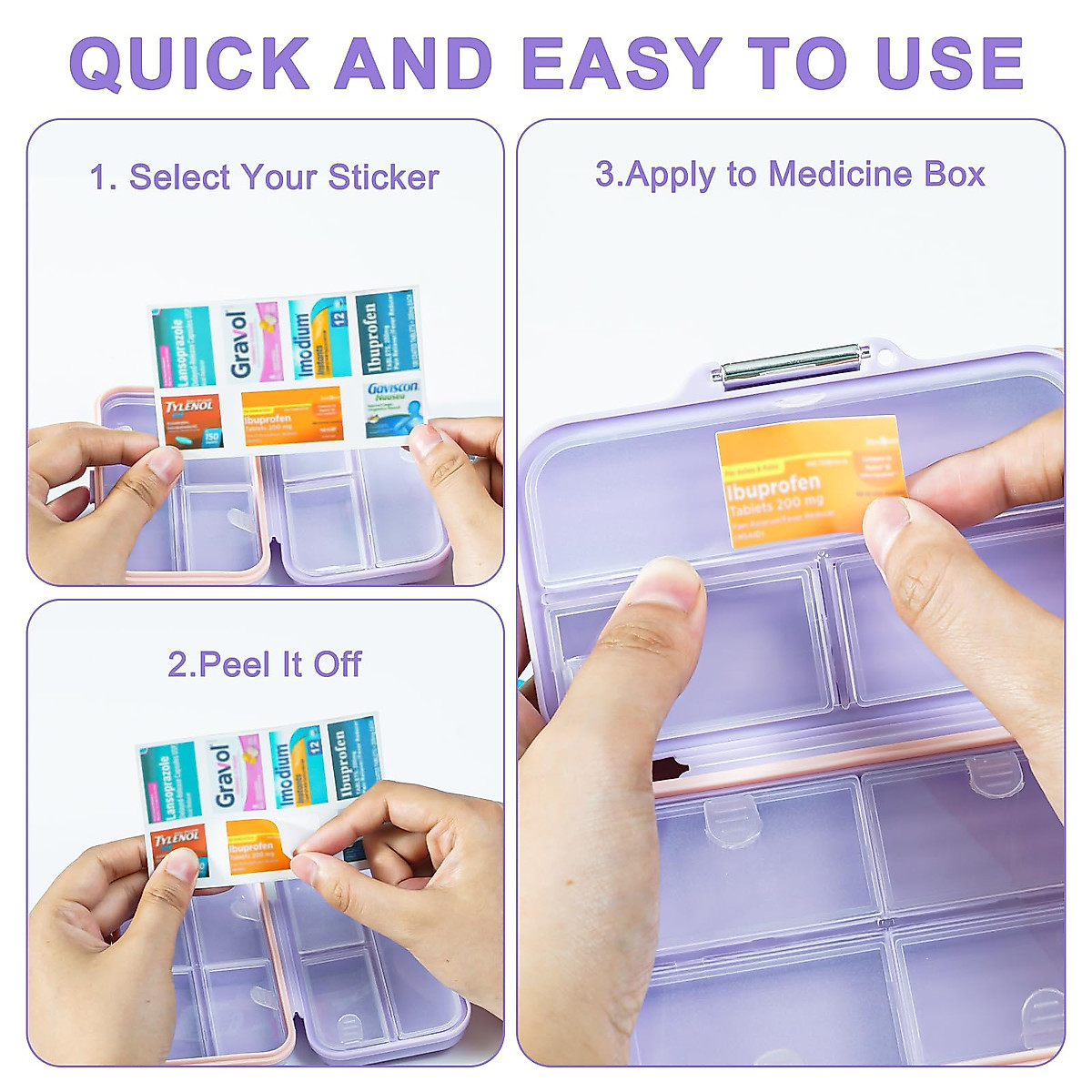 Goffing Travel Pill Organizer Box with Medicine Labels, 7 Compartments Portable Pill Case, Daily Medication Organizer Storage Pill Container for Pocket Pharmacy(Purple, L)