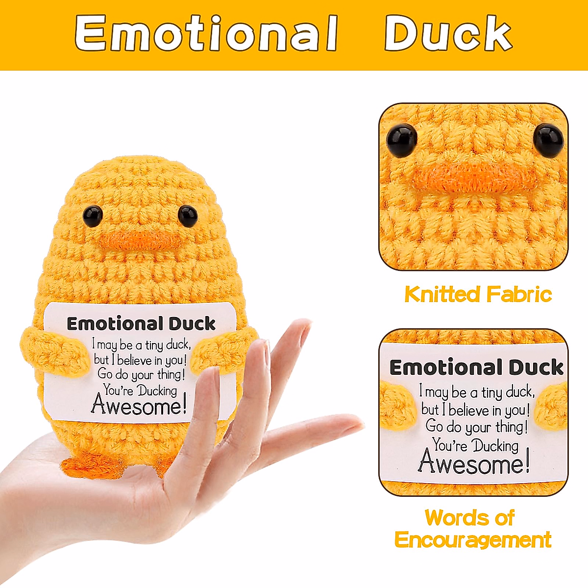 Hoedia Handmade Emotional Pickle Gift, Cucumber Crochet Doll Inspirational Gifts with Cards, Cute Knitted Funny Support Pickle Potato Friend Birthday (Emotional Duck)