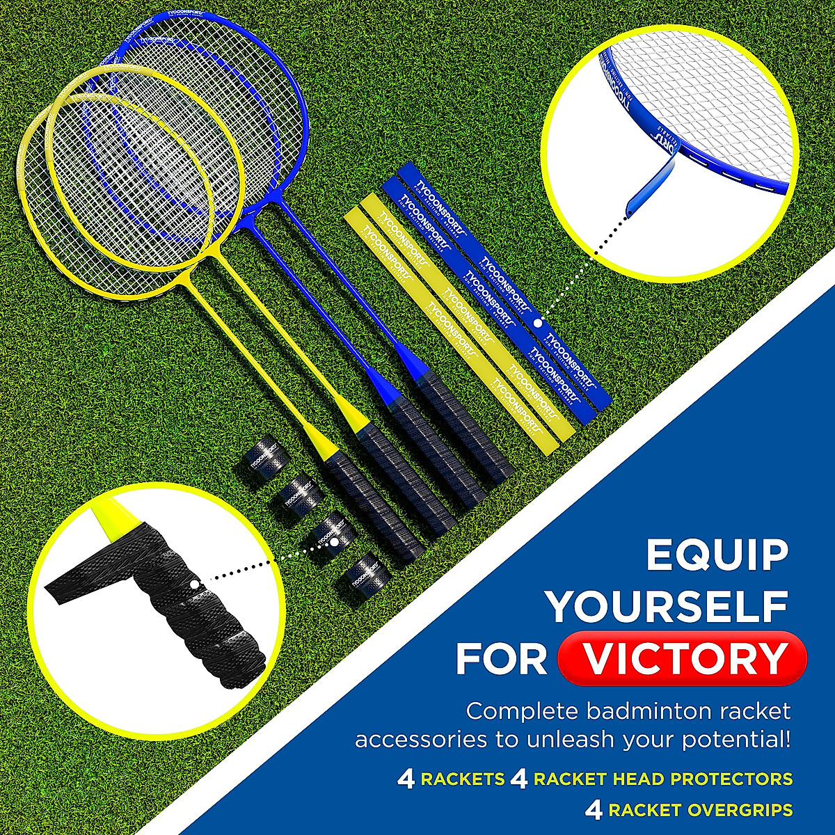 Complete Badminton Set | Portable Badminton Net with Stand 10 x 5 | 4 Badminton Rackets | 4 Over-Grips | 4 Racket Protectors | 8 Badminton Birdies (4 LED & 4 Goose-Feather) | 1 Hard Carry Case
