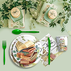 APOWBLS Storybook Baby Shower Decorations Supplies - A New Chapter Will Soon Begin Book Theme Party Decorations, Plate, Cup, Napkin, Cutlery, Library Reading Book Club Decorations Tableware | Serve 24