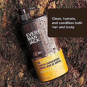 Every Man Jack Men’s Cleansing 3-in-1 All Over Wash for All Skin and Hair Types - Amber + Sandalwood Scent - Cleanse and Nourish Skin and Hair with Naturally Derived Soy Proteins, Aloe - 32 fl oz (2 Pack)