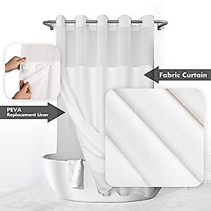 No Hook Slub Textured Shower Curtain with Snap-in PEVA Liner Set - 71" x 74"(72"), Hotel Style with See Through Top Window, Fabric Outer Curtain & Waterproof Inner Liner, White, 71x74