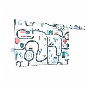 BapronBaby Tiny Town Wet Dry Bag - Waterproof Two Zipper Pockets - Reusable for Mealtime, Diapers, Stroller, Snacks, Swimsuits - Machine Washable - 11" x 9"