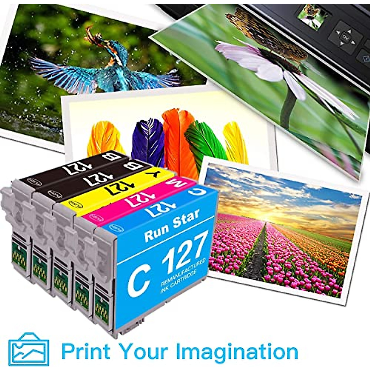 Run Star 5 Pack T127 Remanufactured Ink Cartridge Replacement for Epson 127 use for WF-3520 WF-3540 WF-7010 WF-7510 60 530 625 840 545 Printer (2 Black 1 Cyan 1 Magenta 1 Yellow)